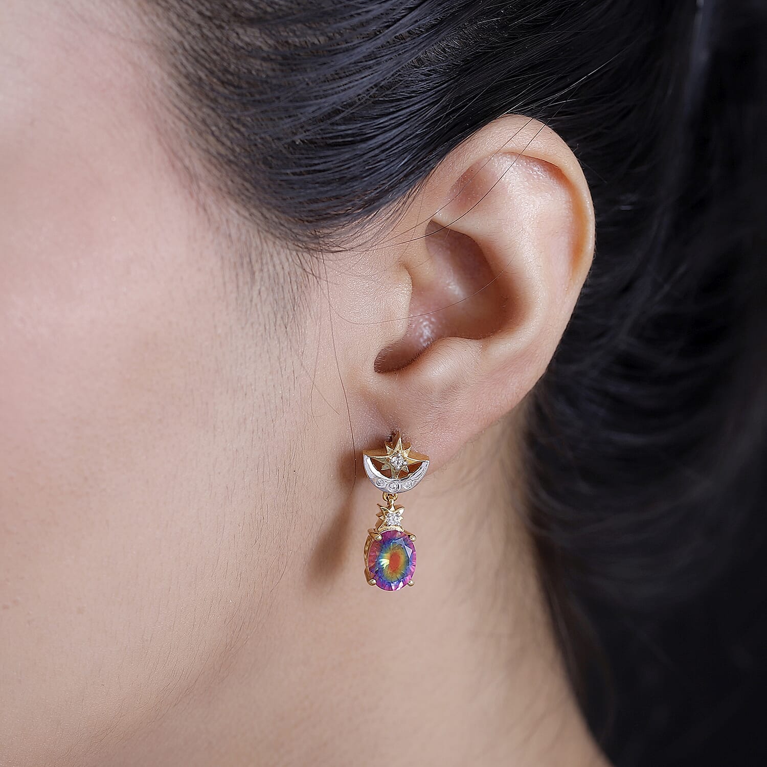 Nebula Quartz Doublet, White Zircon Star Moon Earrings in Rhodium and ...