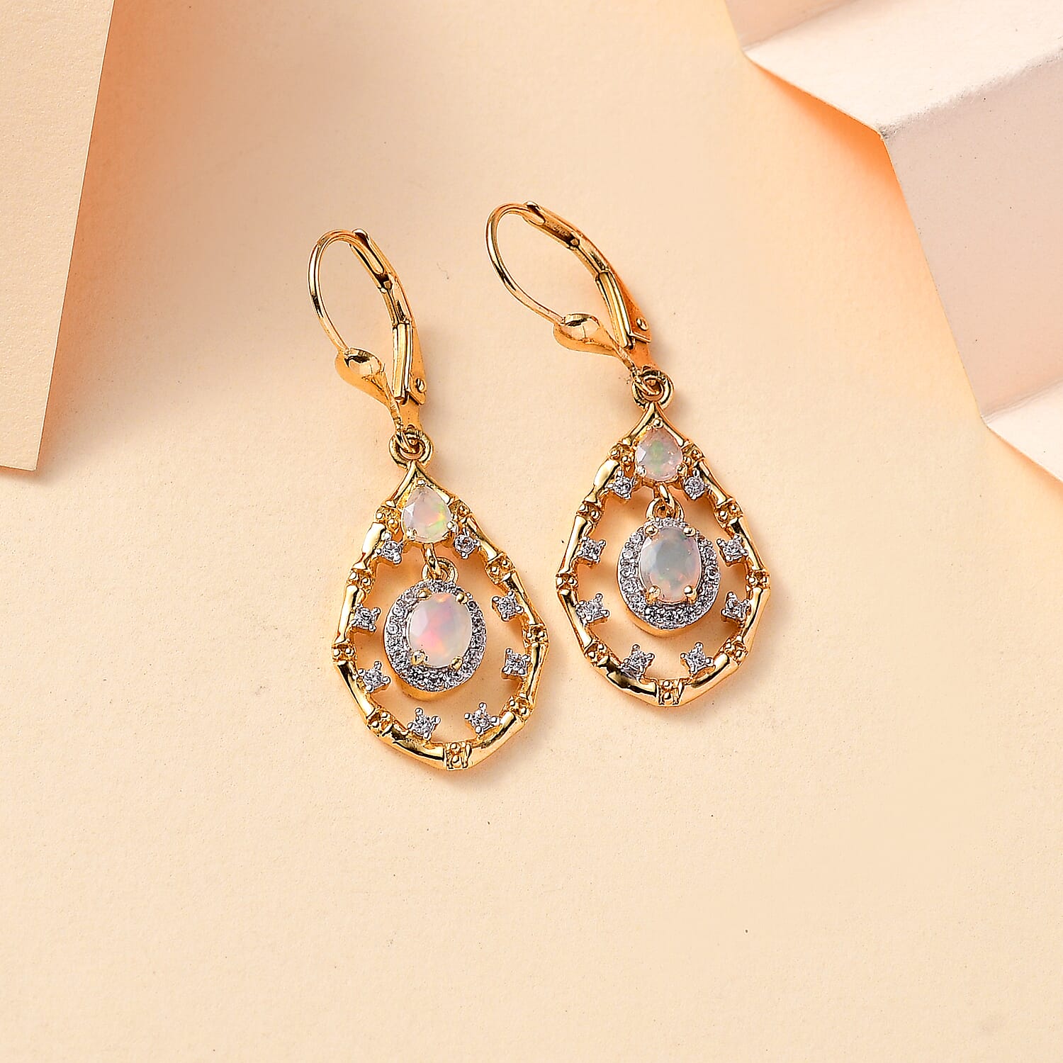 Ethiopian Opal, White Zircon Drop Dangle Earrings in 18K Yellow Gold ...