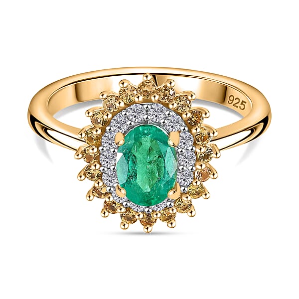 Gemfields Zambian Emerald, Yellow Sapphire and Moissanite Halo Ring in ...