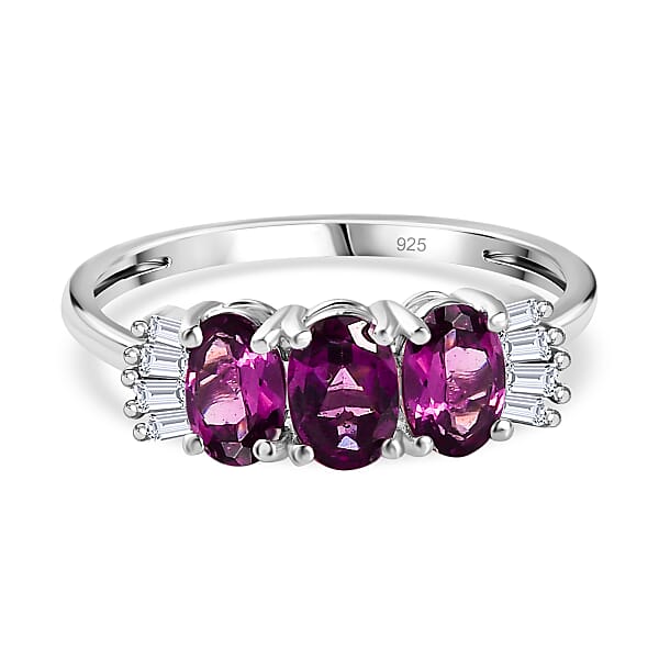 Purple Garnet and White Diamond Trilogy Ring in Rhodium Overlay ...