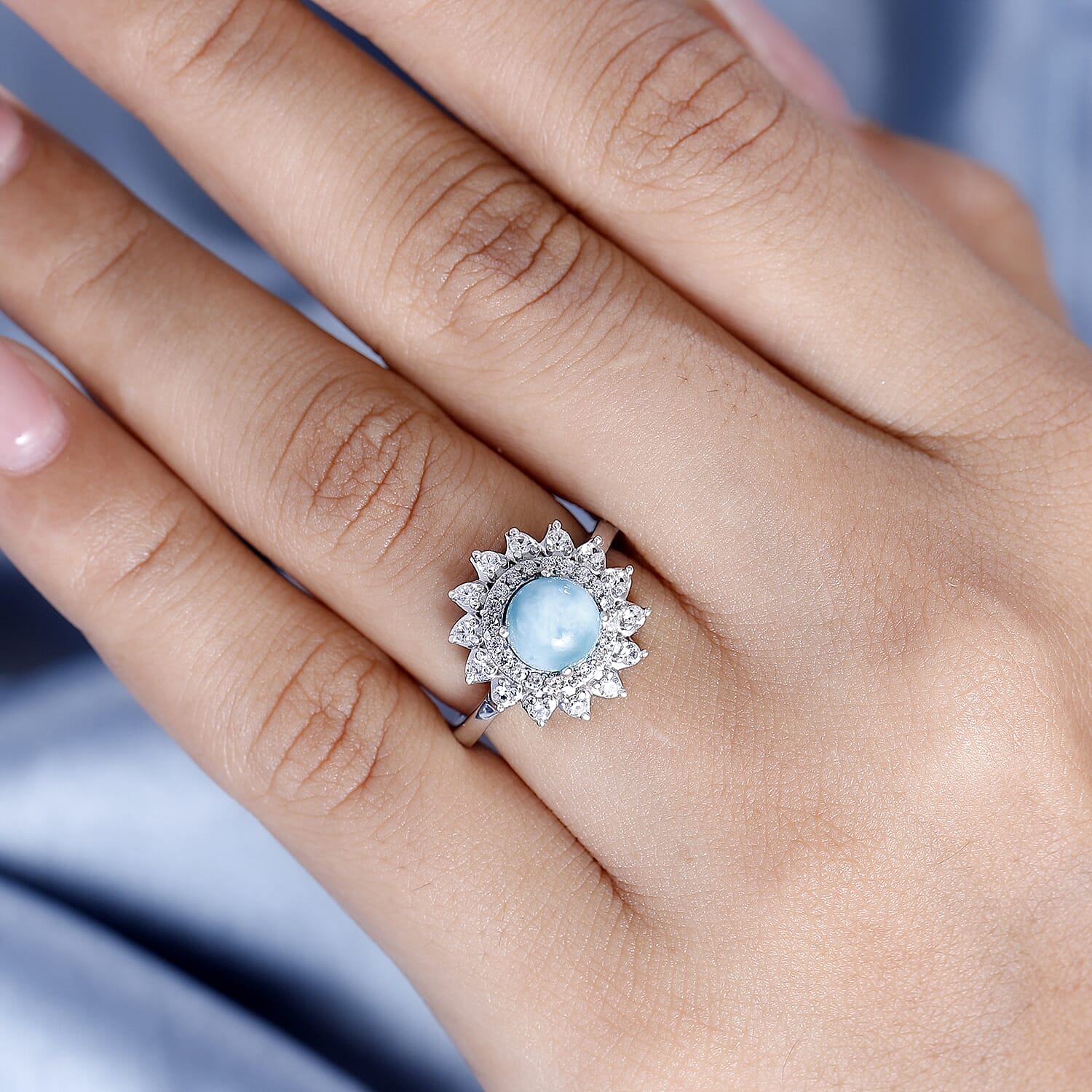 Natural Teal Green Larimar & White Zircon Ring in Rhodium Overlay ...