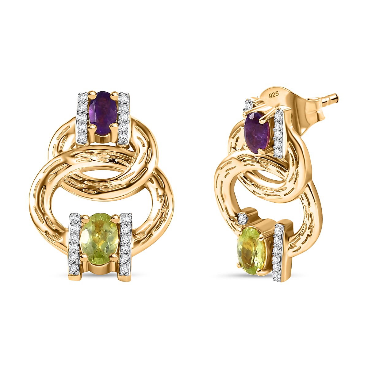 Multi Gemstones Solitaire Stud Push Post Earring in 18K Vermeil Yellow ...