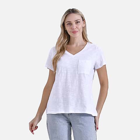 La Marey 100% Cotton Short Sleeve V-Neck Top with Pocket (Size L ...
