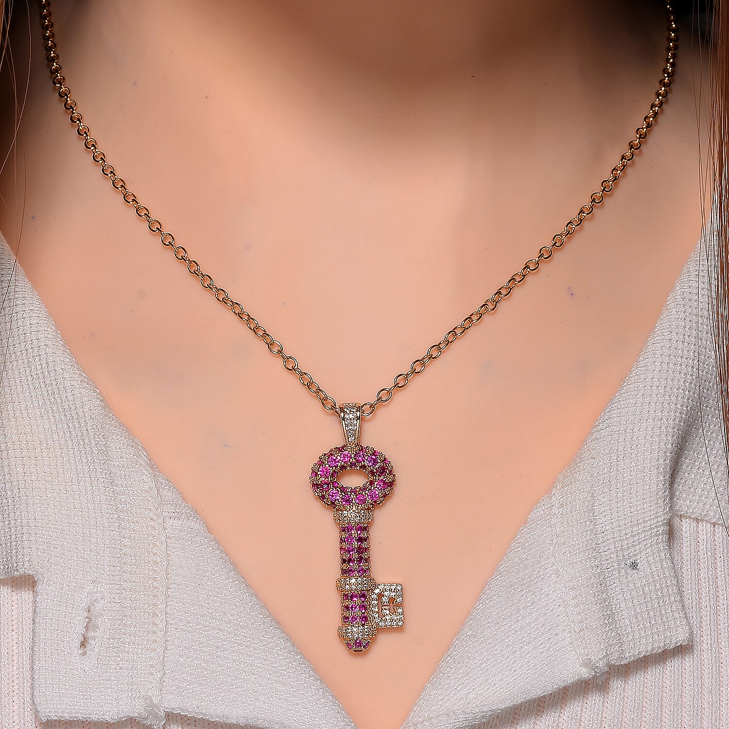 Fuchsia Crystal & White Crystal Necklace (Size - 20-2 Ext) in Yellow ...