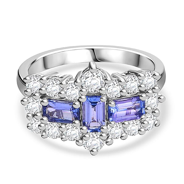 Tanzanite and White Zircon Cluster Ring in Rhodium Overlay Sterling ...