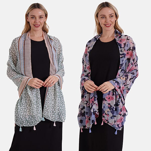 Set of 2 Printed Scarf Grey - Green - 8019674 - TJC