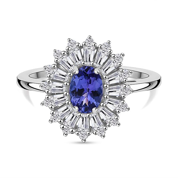 Tanzanite, Moissanite Halo Ring in Rhodium Overlay Sterling Silver 1.24 ...