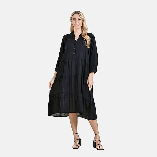 LA MAREY Womens Boho Button-Front V-Neck Dress (One Size) - Black ...