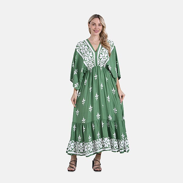La Marey Mixed Print Elastic Waist V-Neck Maxi Dress with Kimono ...