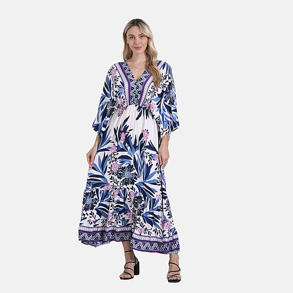 La Marey Mixed Print Elastic Waist V-Neck Maxi Dress with Kimono ...