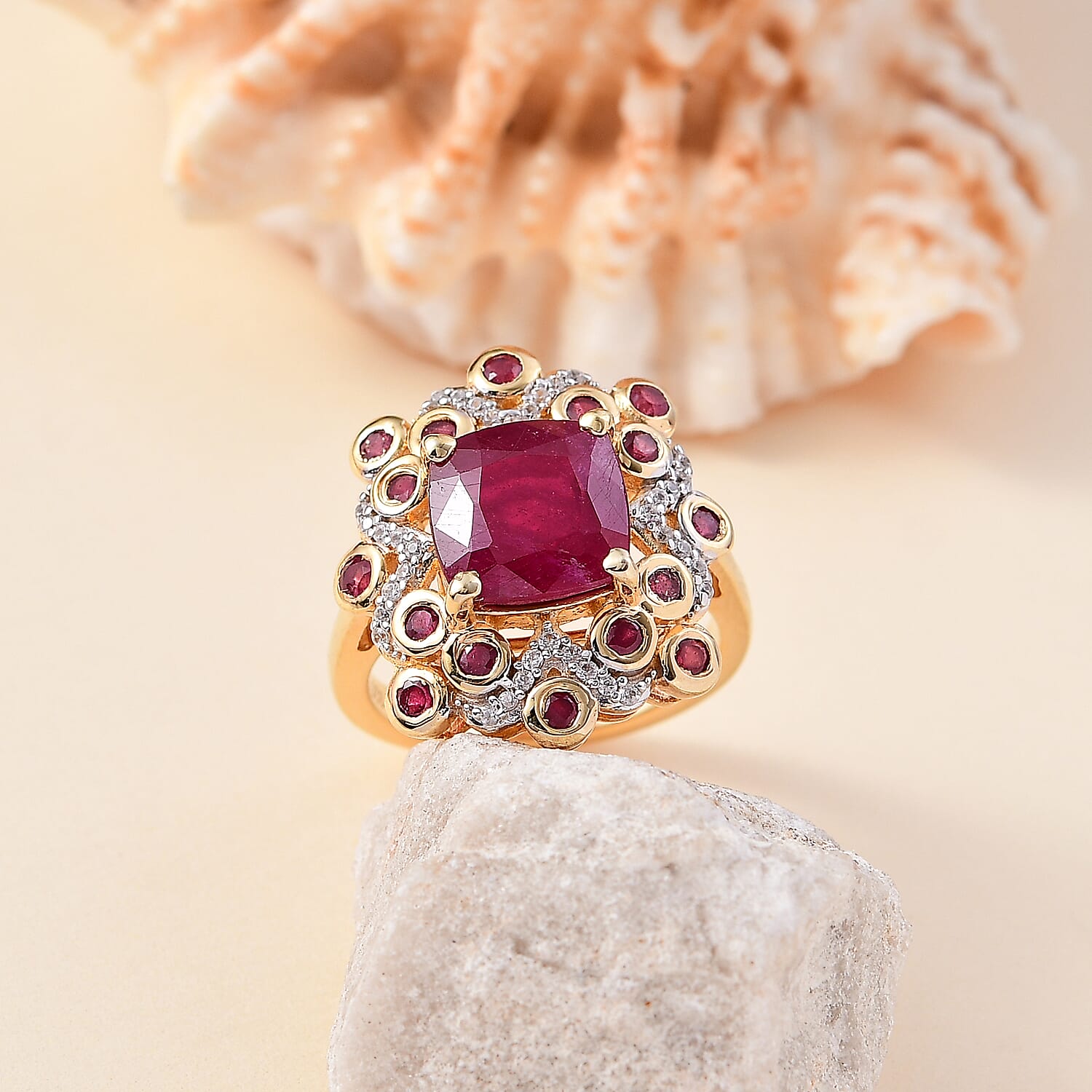 African Ruby & White Zircon Ring in 18K Vermeil Yellow Gold Plated ...