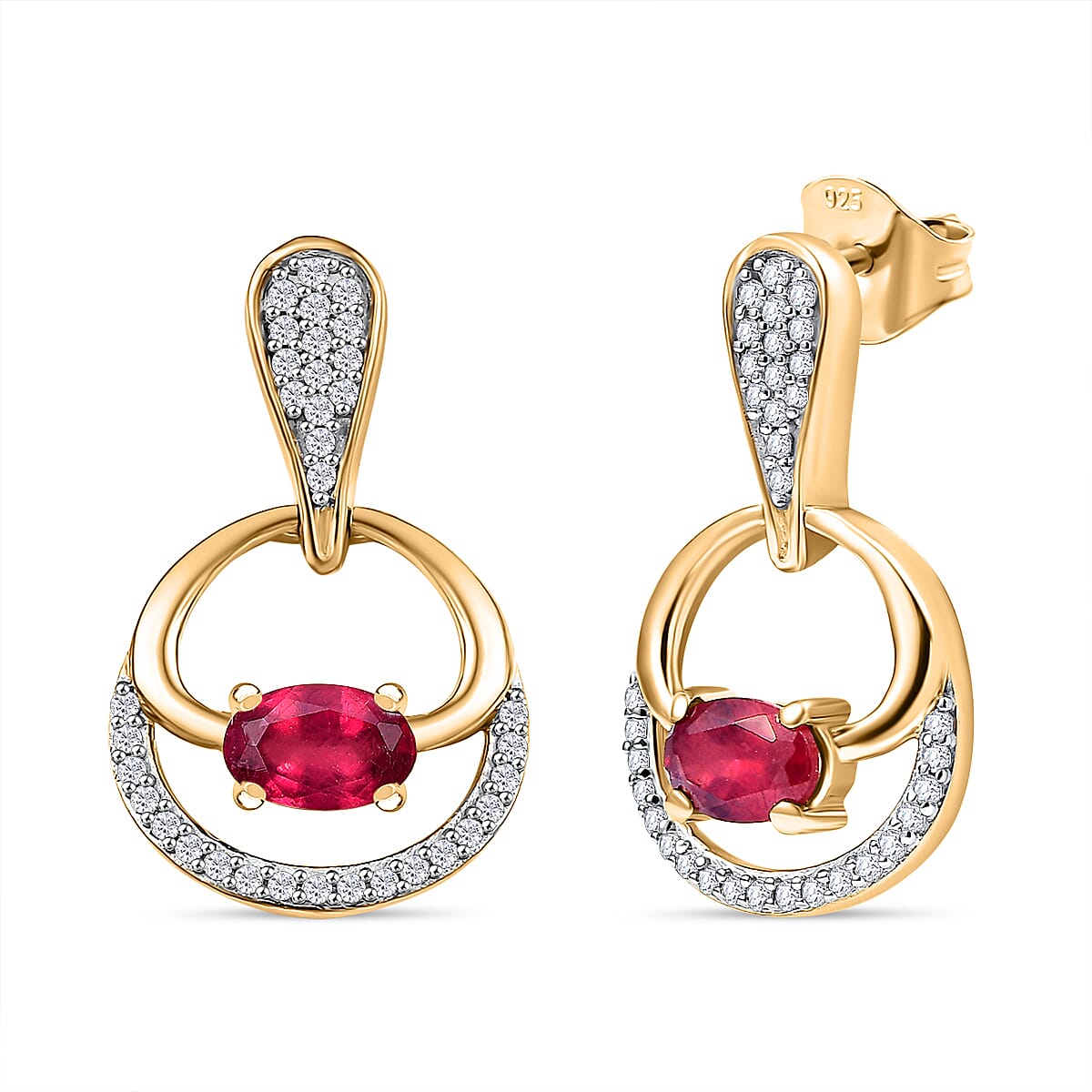 African Ruby & White Zircon Dangling Earring with Push Back in 18K ...