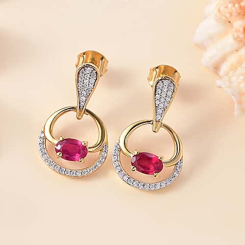 African Ruby & White Zircon Dangling Earring with Push Back in 18K ...