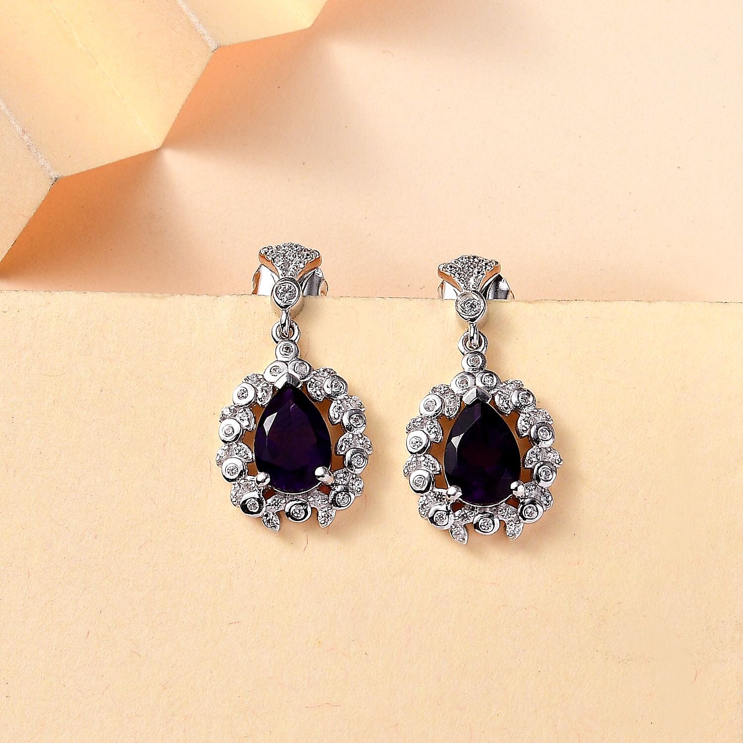 AAA African Amethyst & White Zircon Dangling Earring with Push Back in ...