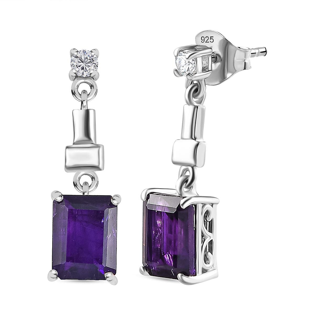 AAA African Amethyst & White Zircon Dangling Push Back Earring in Rhodium Overlay Sterling ...