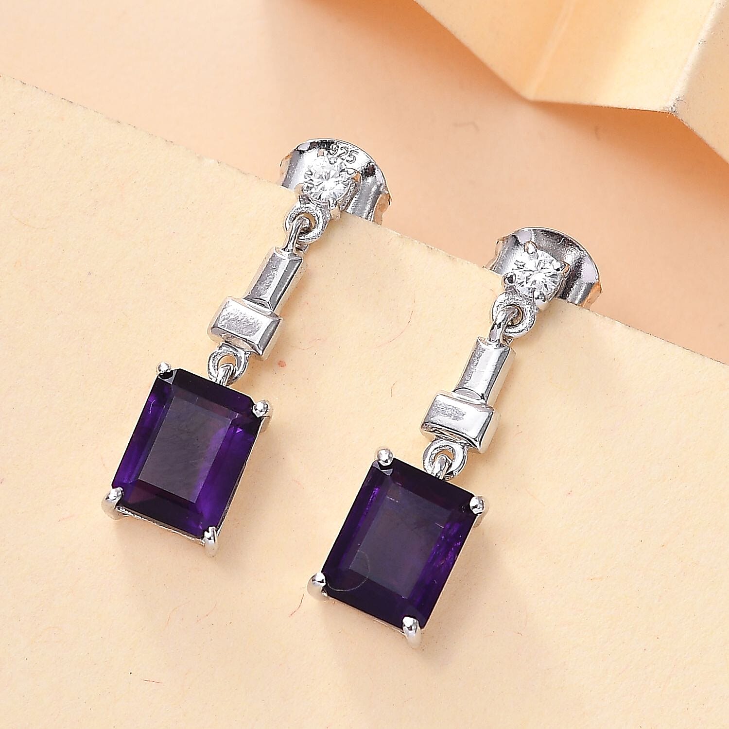 AAA African Amethyst & White Zircon Dangling Push Back Earring in Rhodium Overlay Sterling ...