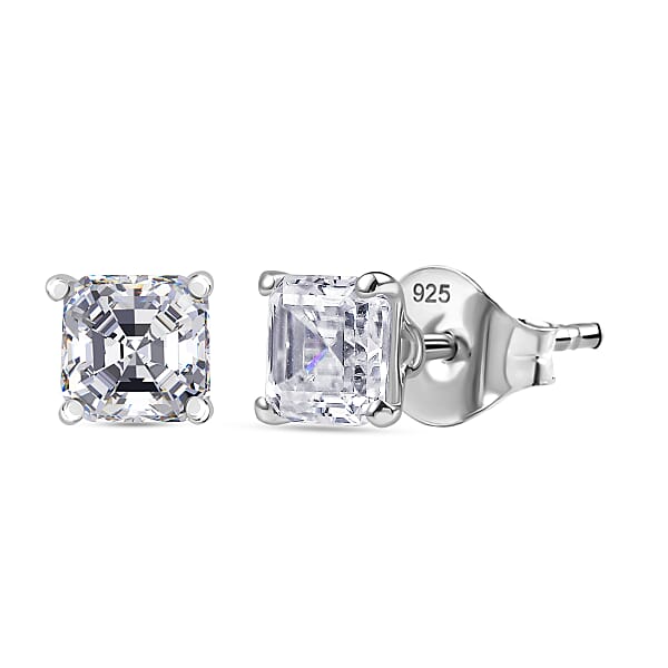 Asscher Cut Moissanite Solitaire Stud Push Back Earring in Rhodium ...