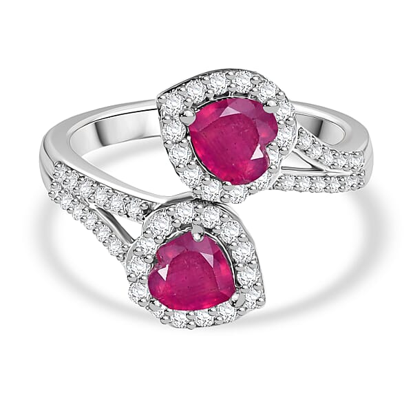 African Ruby & Moissanite Ring in Rhodium Overlay Sterling Silver 2.11 ...