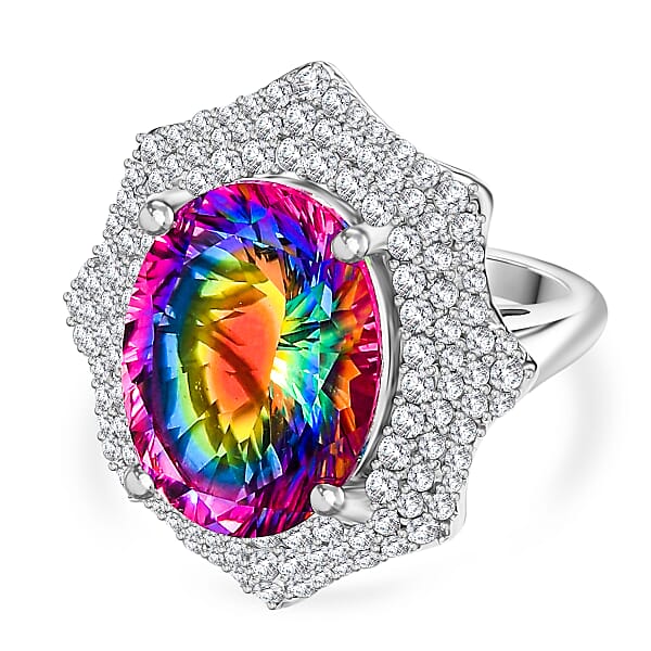 Nebula Quartz Doublet and White Zircon Ring in Rhodium Overlay Sterling ...