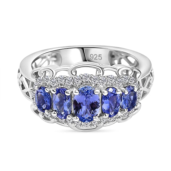 Tanzanite & White Zircon 5 Stone Ring in Rhodium Overlay Sterling ...