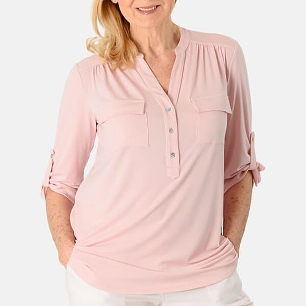 Solid Print Ladies V-Neck Jersey Half Button-Up Shirt - 8064730 - TJC