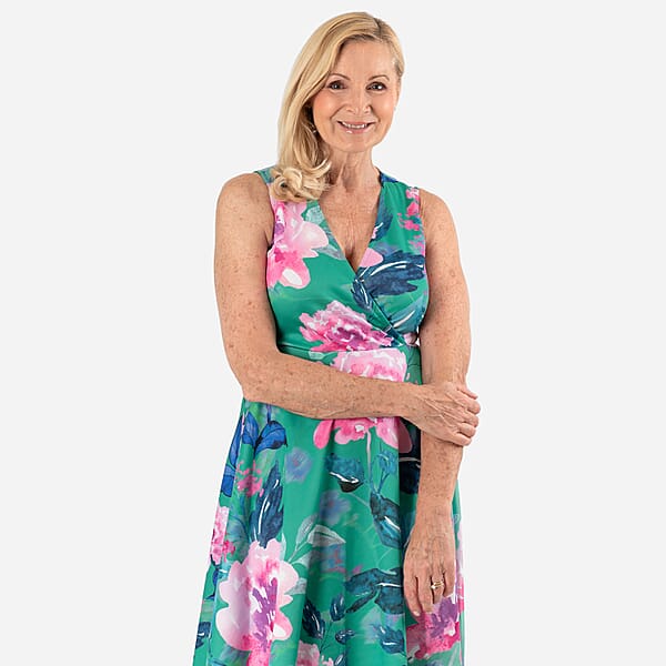 Floral Scatter Print V-Neck Sleeveless Dress (Size - 18) - Green ...