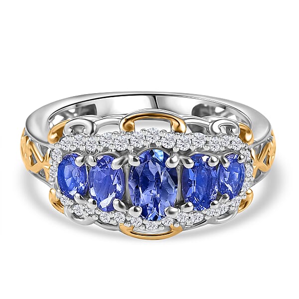 Premium Tanzanite & White Zircon 5 Stone Ring in 18K Vermeil Yellow ...