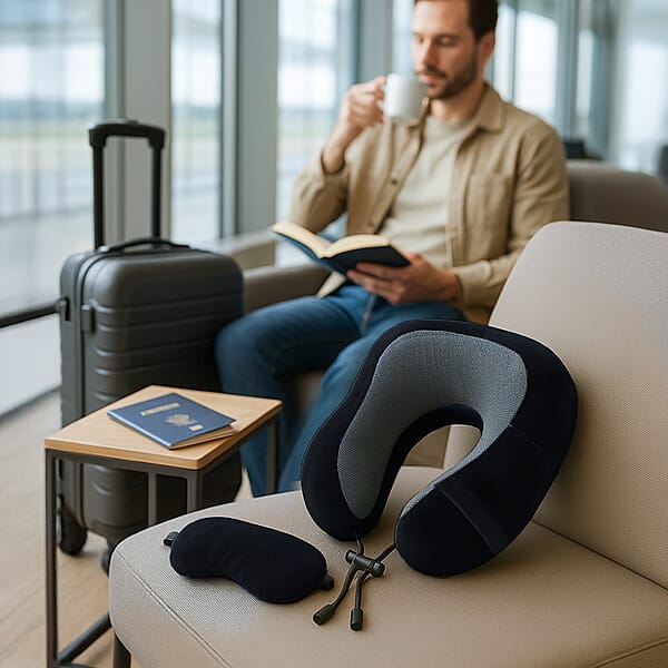 Memory Foam Travel Neck Pillow & Eye Mask Set (Size 30x28cm) - Black ...