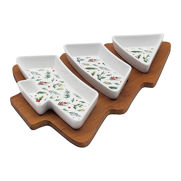 Elements Bamboo Christmas Tree Tray With 3 Plates Snack Set - 8087189 - TJC