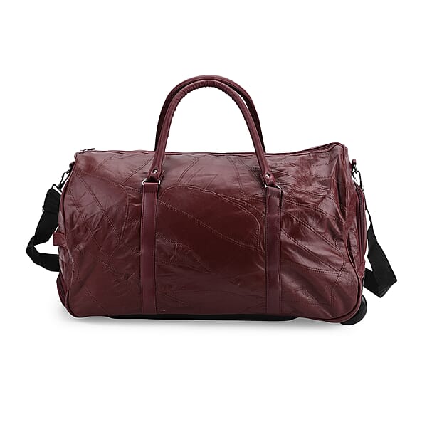 Patchwork Leather Travel Bag with Trolley - Burgundy - 8087730 - TJC