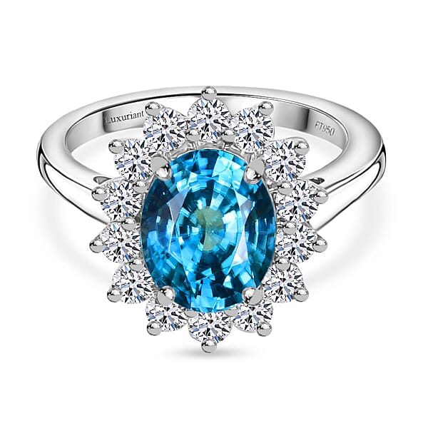 LUXURIANT 950 Platinum AAA Blue Zircon, Lab Grown Diamond (SI-G-H) Halo ...