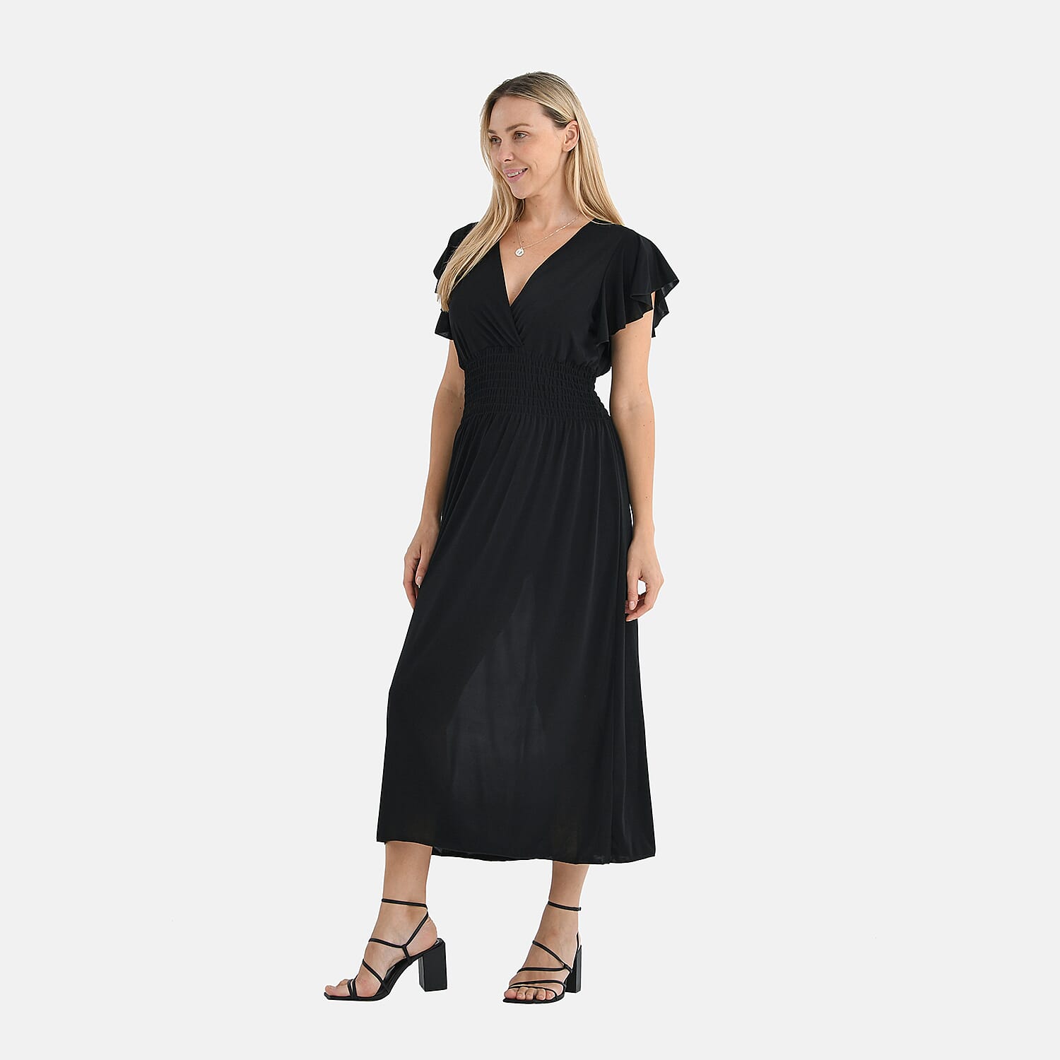 Tamsy Flutter Sleeves Smocked Midi Dress (One Size Curve) - Black ...