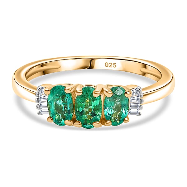 AAA Gemfields Emerald & White Diamond 3 Stone Ring in 18K Vermeil ...
