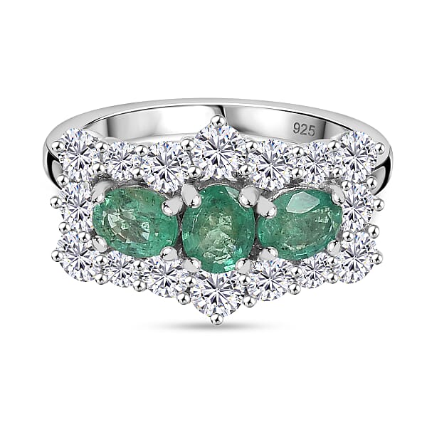 Emerald & Moissanite Boat Ring in Rhodium Overlay Sterling Silver 2.27 ...