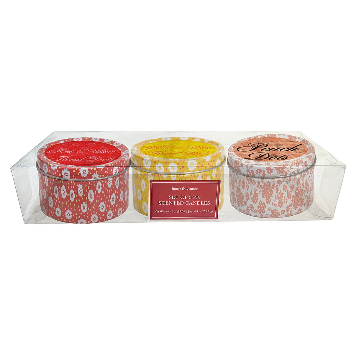 Set of 3 Scented Tin Candles - Red and White Flower Dot, Yellow and ...