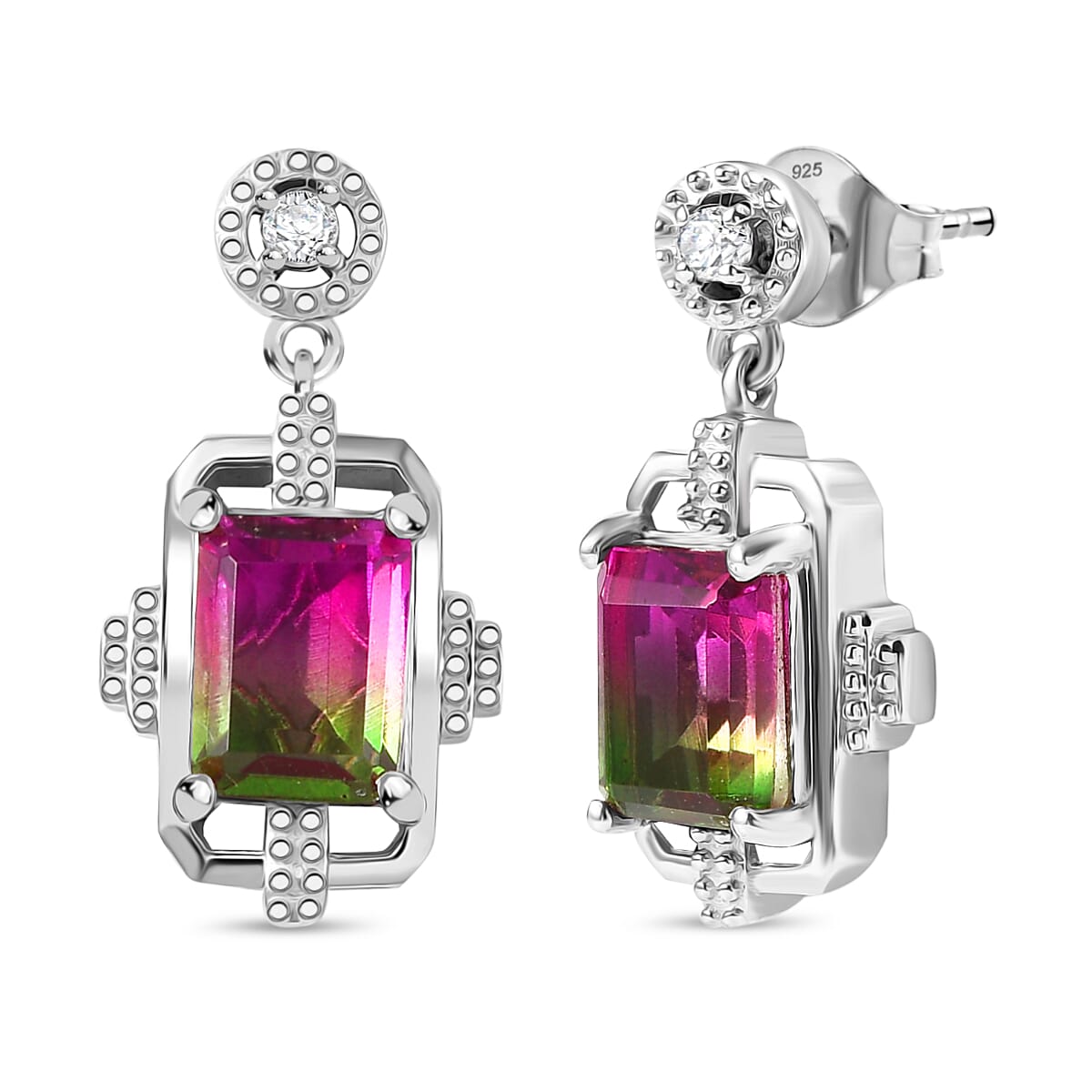 Watermelon Quartz Triplet & White Zircon Dangling Push Back Earring in ...