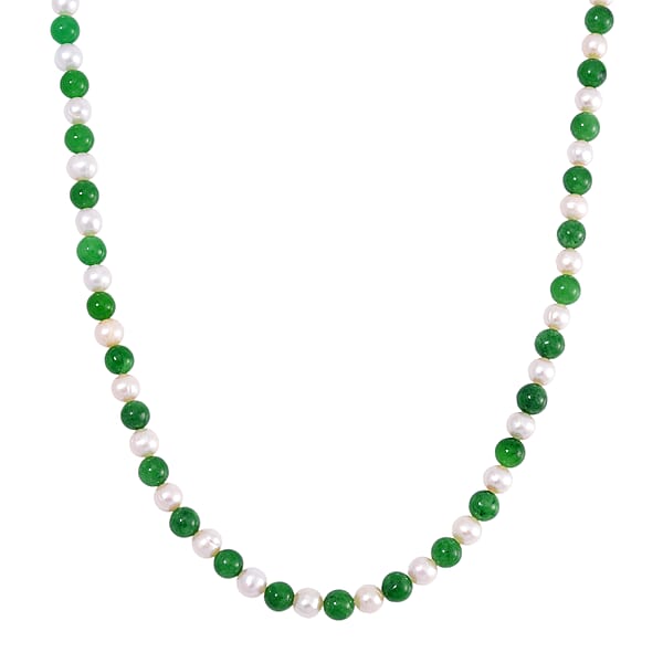 Enhanced Green Jade, Fresh Water Pearl Necklace (Size - 20) in Rhodium ...