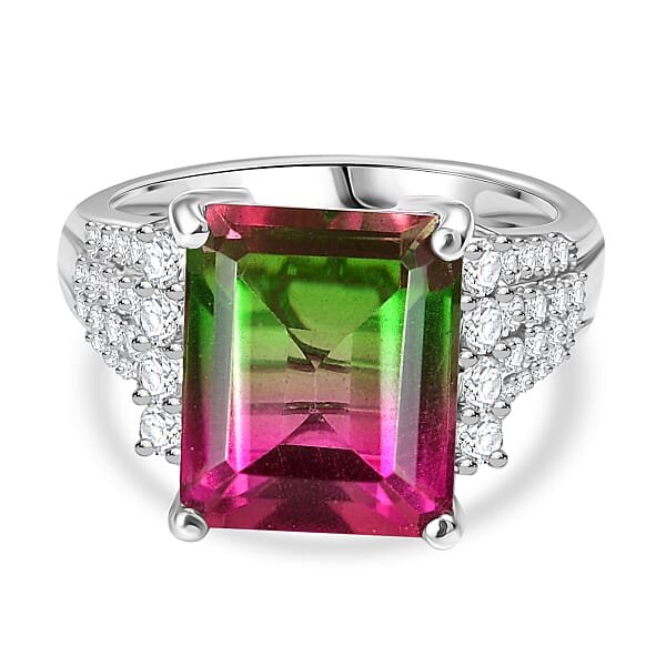 Watermelon Quartz Triplet & White Zircon Cocktail Ring in Rhodium ...