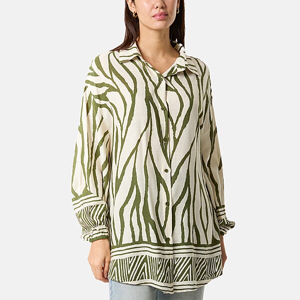 Statement Zebra Print Button-Down Top (One Size) - Khaki - 8132421 - TJC