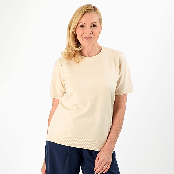 Emma Round Neck Solid Casual Top (Size 12) - Beige - 8133669 - TJC