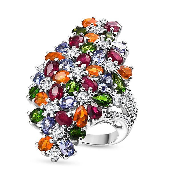 Tanzanite, Fire Opal & Multi Gemstones Ring in Rhodium Overlay Sterling ...