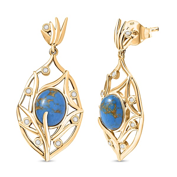 Tucson Find - Blue Turquoise with White Zircon Leaf Earrings 7.68 Ct ...
