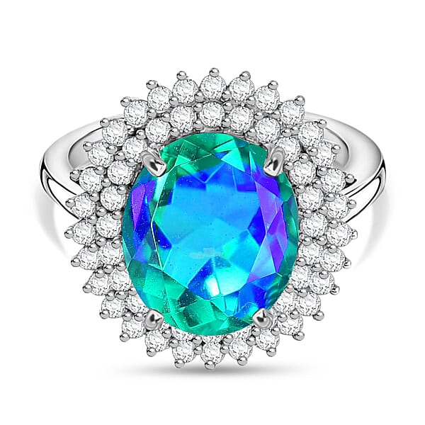 D'joy Peacock Triplet Quartz & White Zircon Ring in Rhodium Overlay ...