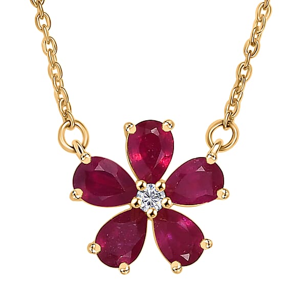 African Ruby & Zircon Floral Necklace (Size - 20) in 14K Gold ...