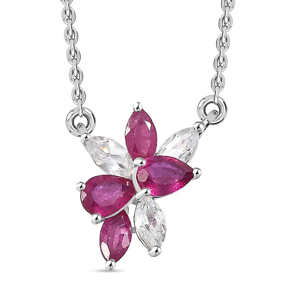 African Ruby & White Zircon Necklace (Size - 20) in Rhodium Overlay ...