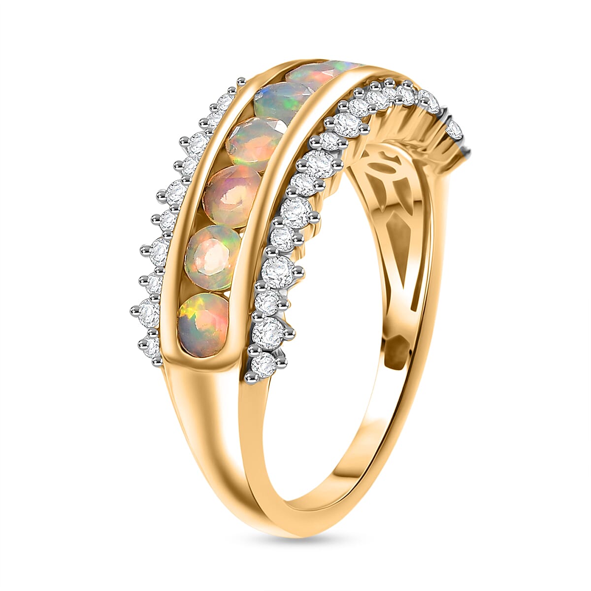 D'joy Ethiopian Opal and White Zircon Rainbow Lineage Ring in Yellow Gold Plating Sterling ...