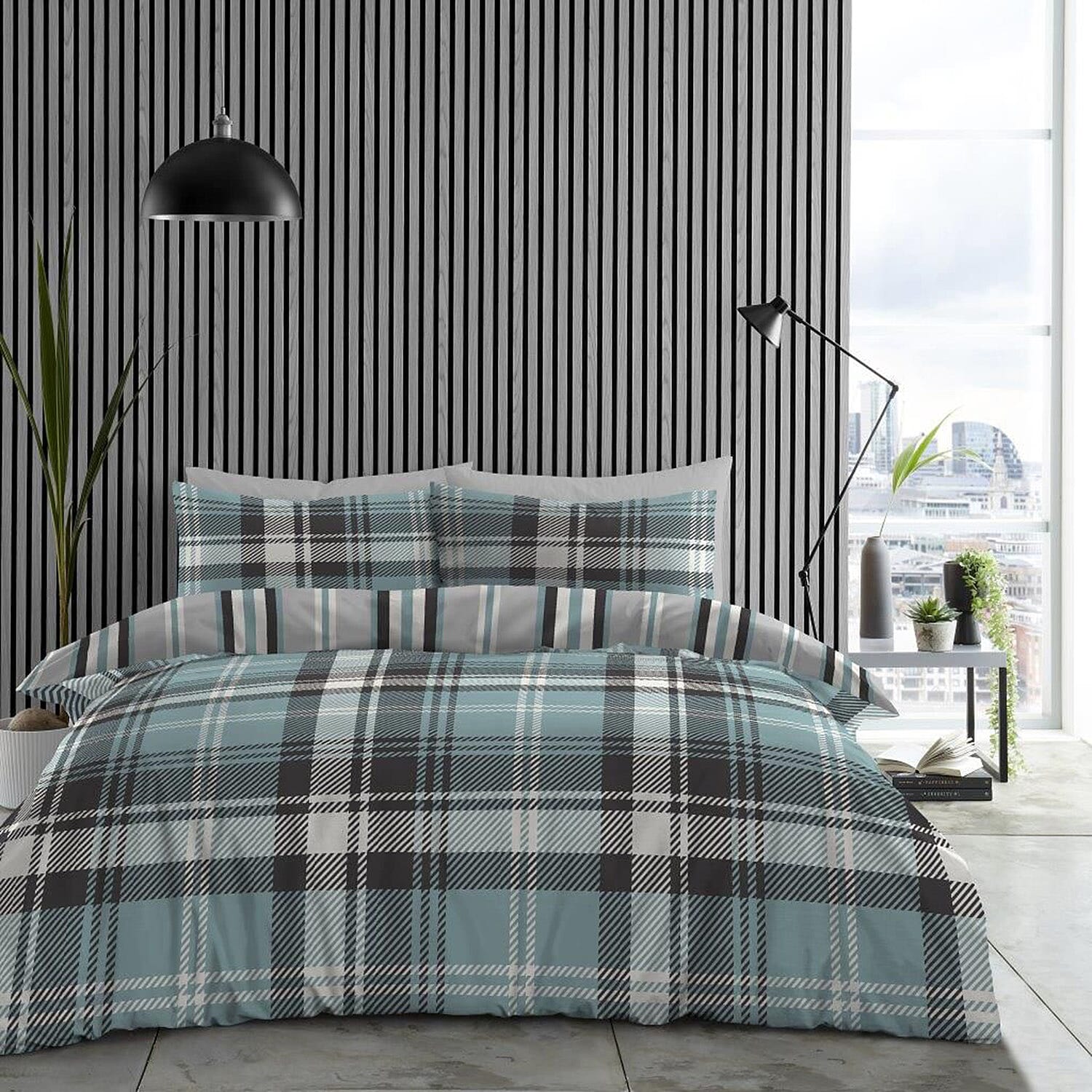 Blue Check Reversible Set of 4 Duvet Cover, 2 Pillowcase and fitted ...