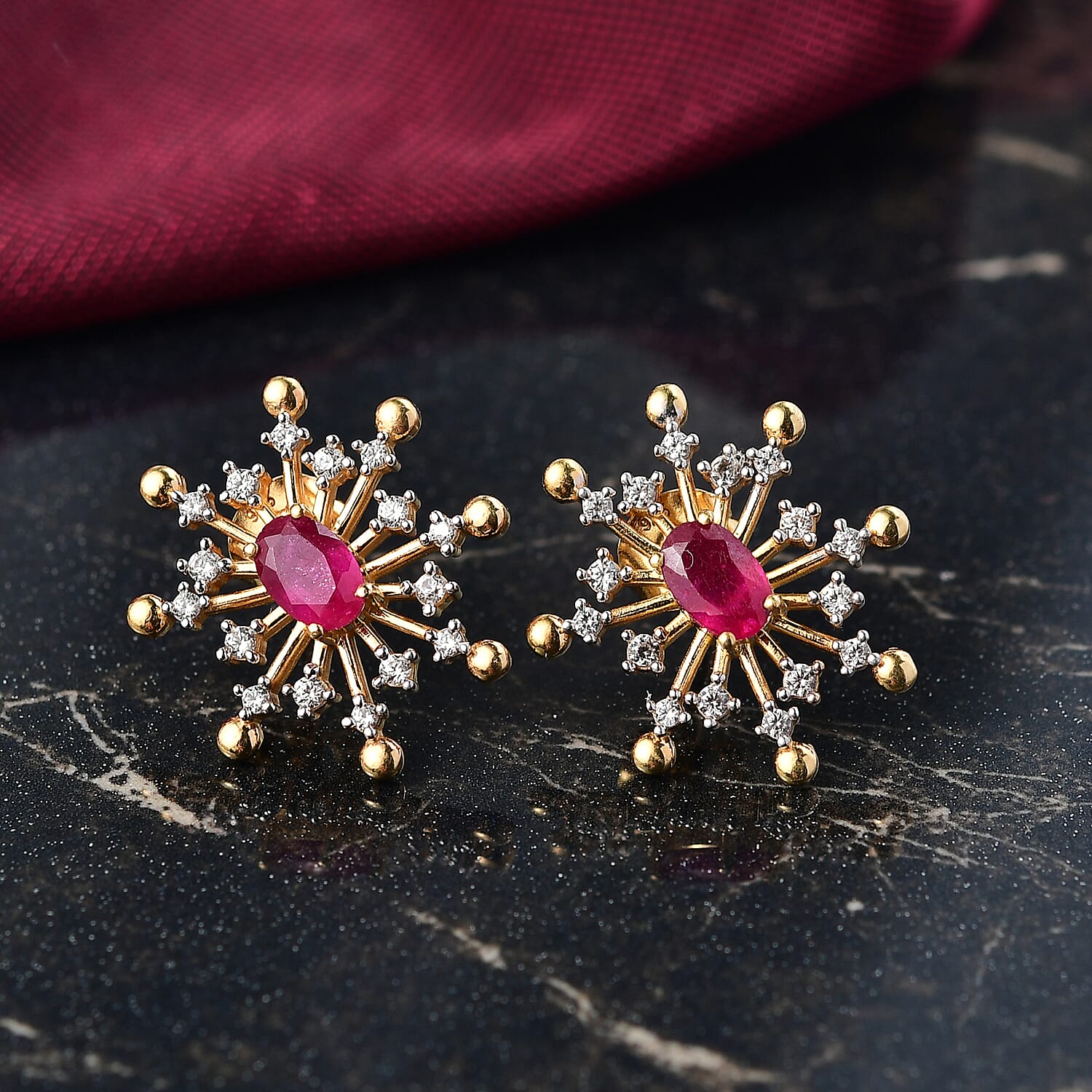 D'joy African Ruby, White Zircon Snowflake Earrings with Push Back in ...