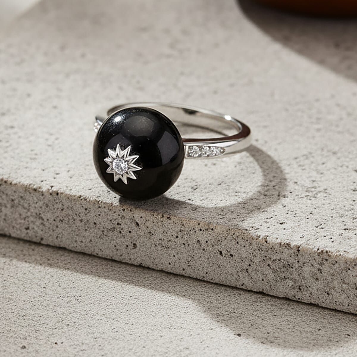 D'Joy Shungite, White Zircon Fancy Ring in Rhodium OverlaySterling ...