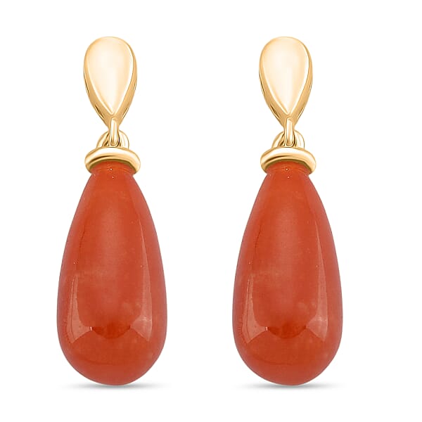 D'Joy Enhanced Red Jade Earring with Push Back in Yellow Gold Plated ...